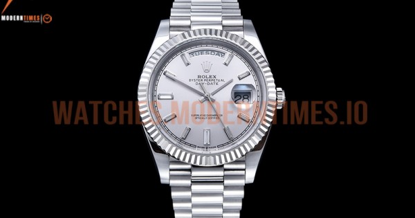 Rolex - DayDate 40mm Flt Pres SS/SS Silv/Dia EWF VR3255 | ModernTimeWatch